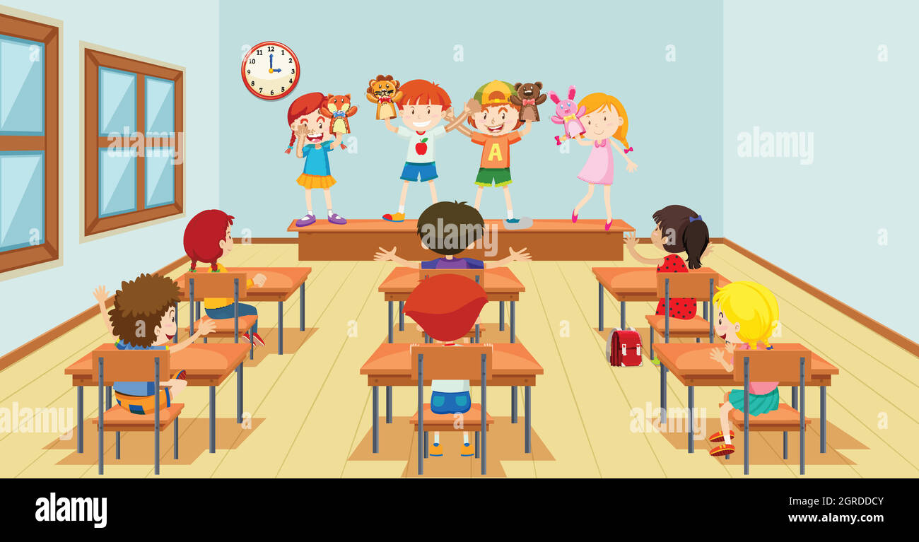 Children playing with puppets classroon scene Stock Vector Image & Art ...