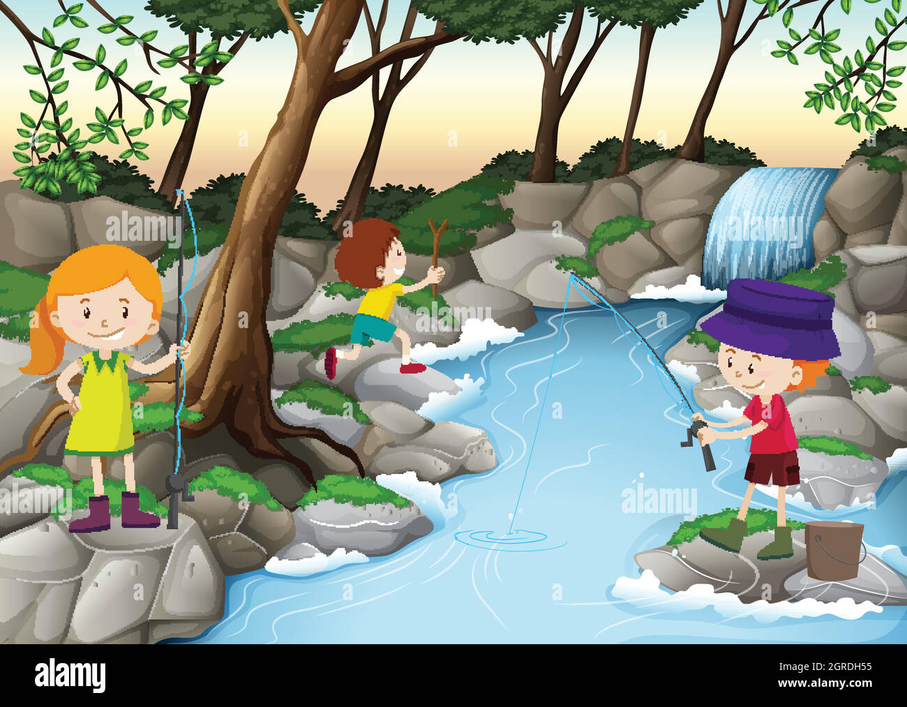 Girl fishing in stream Stock Vector Images - Alamy