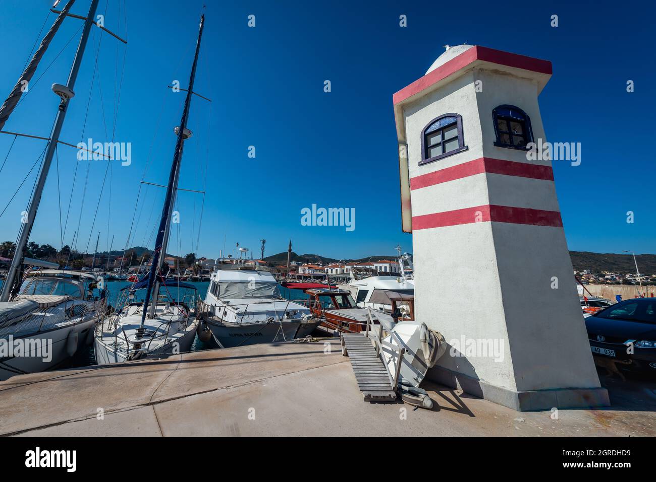 ISKELE, URLA, IZMIR, TURKEY. View on marina from the cafe on the pier ...