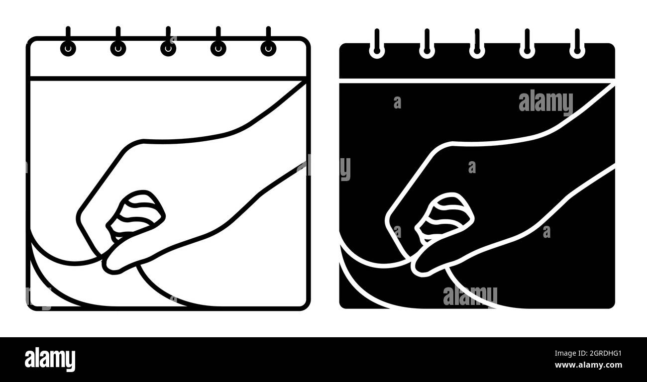 Linear icon. Hand tearing sheet of wall calendar. Marking days of week ...