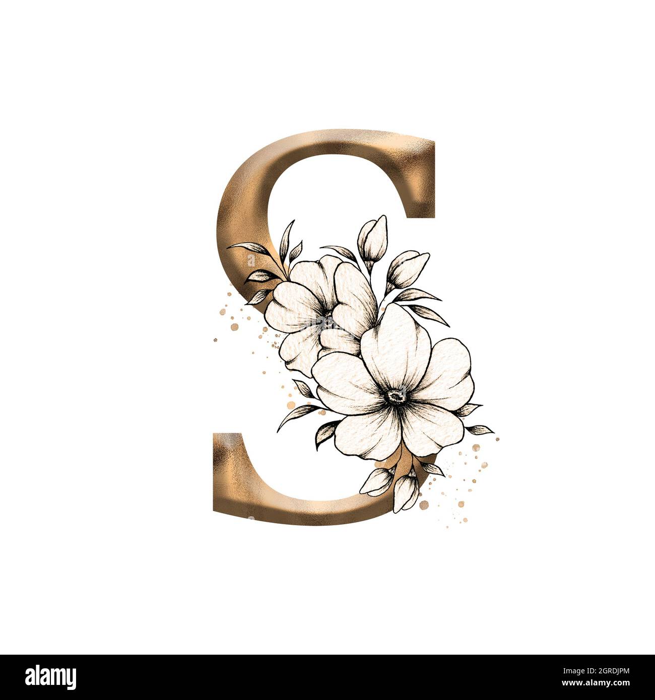 Graphic floral alphabet, gold letter S with vintage flowers bouquet ...