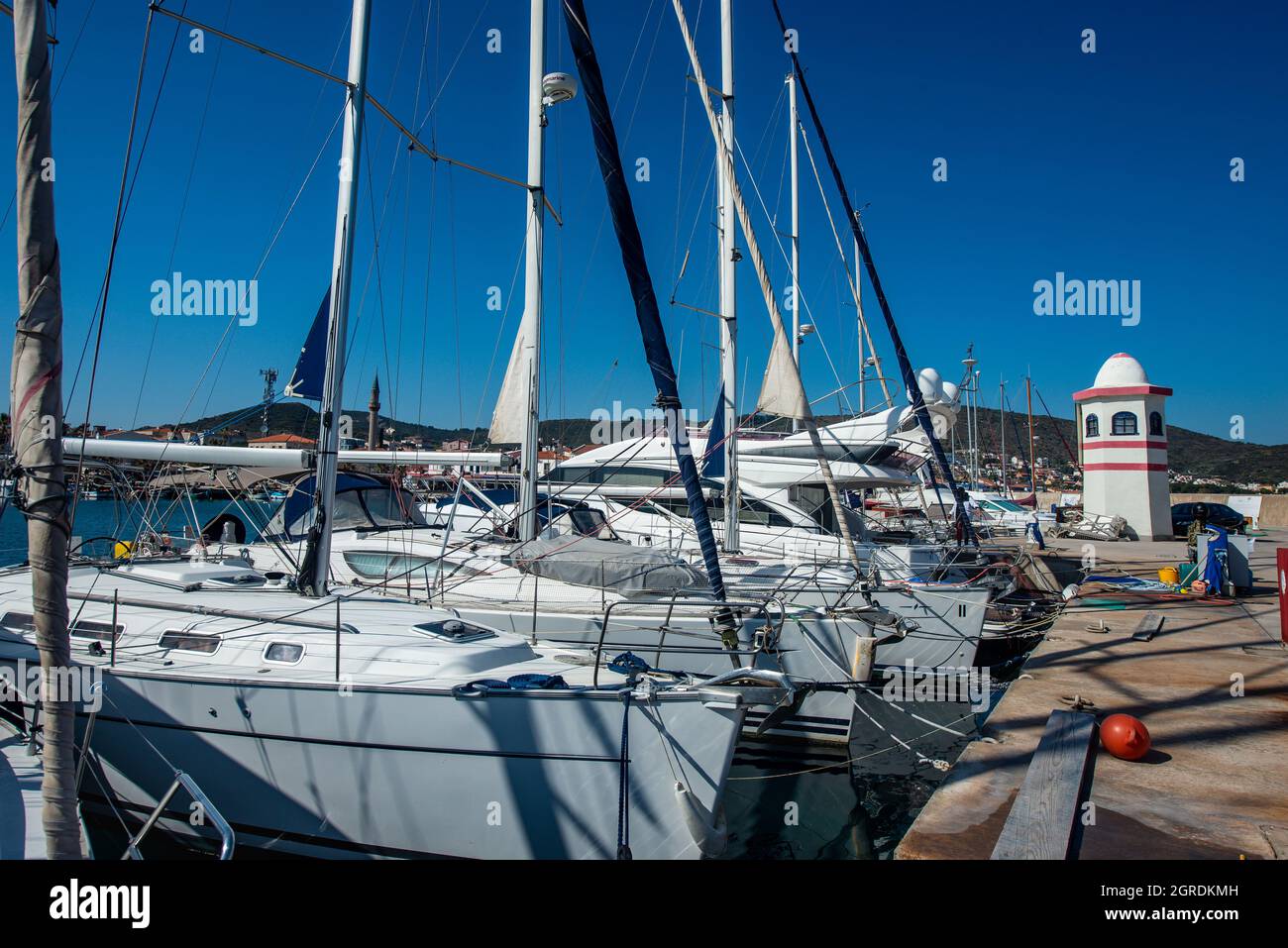 ISKELE, URLA, IZMIR, TURKEY. View on marina from the cafe on the pier ...
