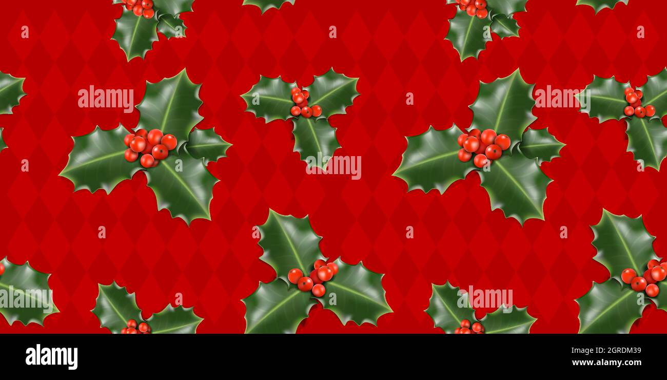 3d realistic vector Christmas mistletoe pattern on red background Stock ...