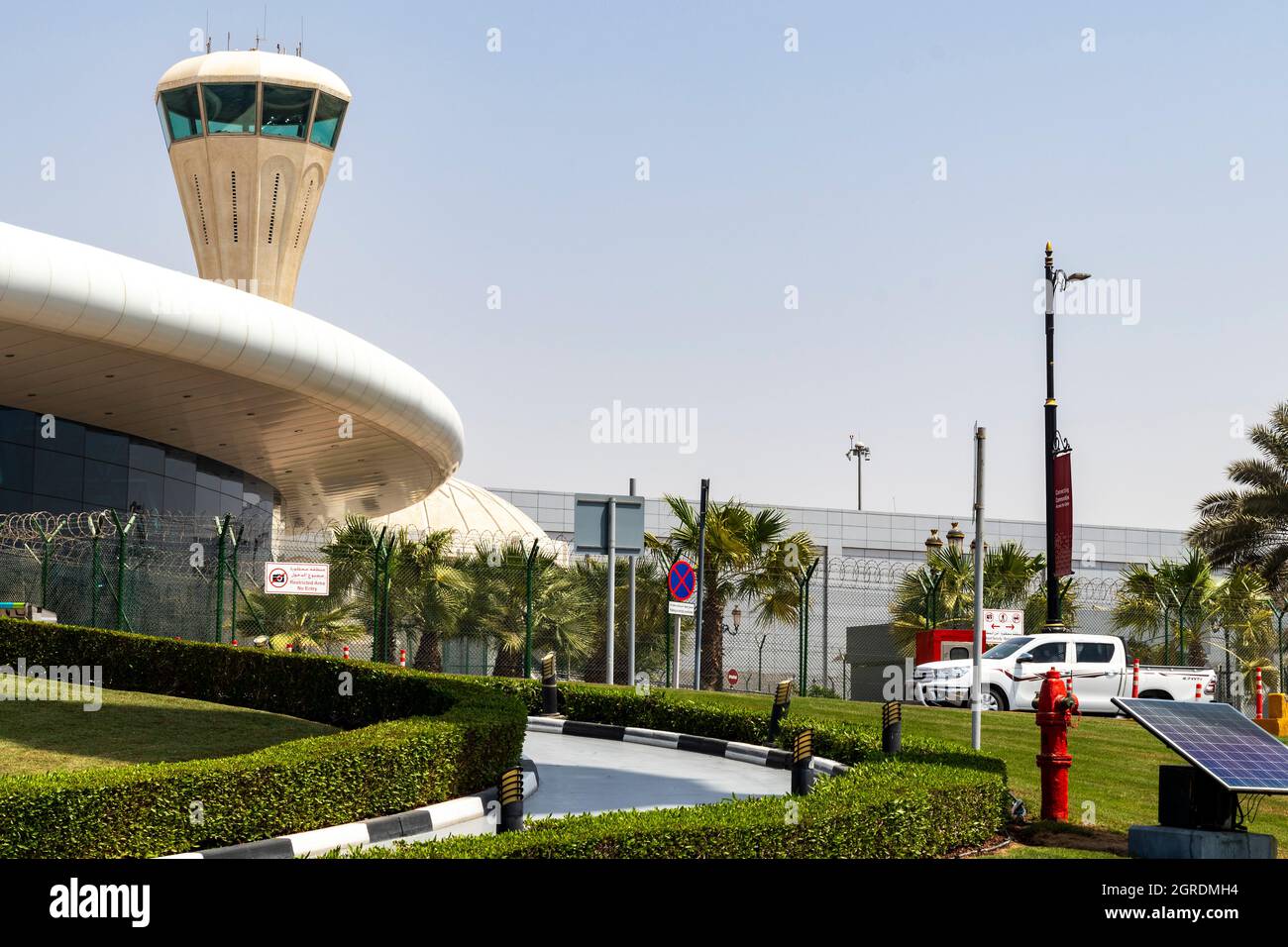 Dubai, UAE - 09.20.2021 Air traffic control tower at Sharjah ...