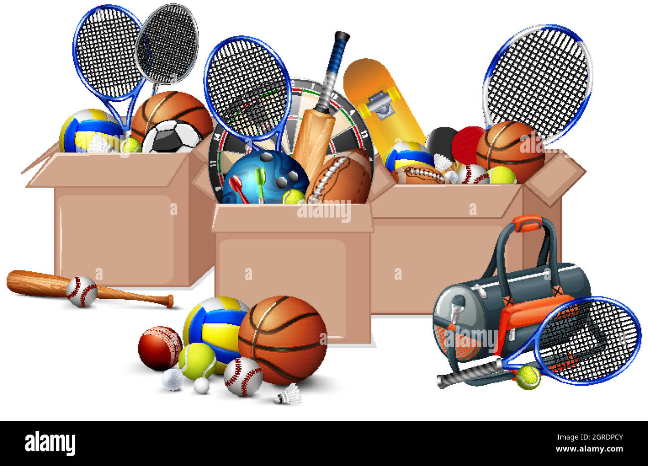 Three boxes full of sport equipments on white background Stock Vector ...