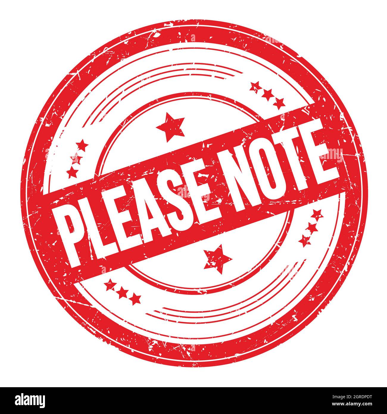 PLEASE NOTE text on red round grungy texture stamp Stock Photo - Alamy