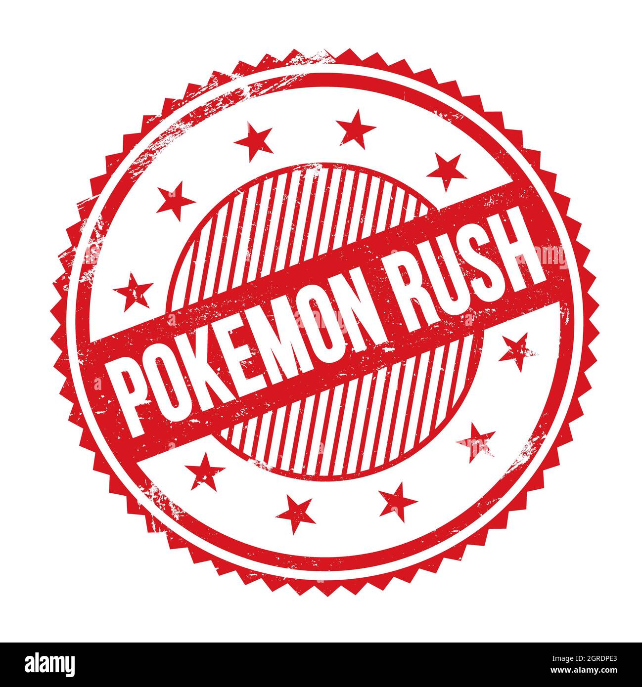 POKEMON RUSH text written on red grungy zig zag borders round stamp ...