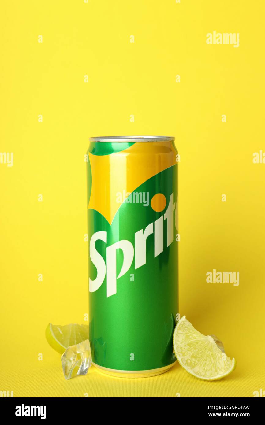 Odessa, Ukraine - September 23, 2021: Sprite can on yellow background ...