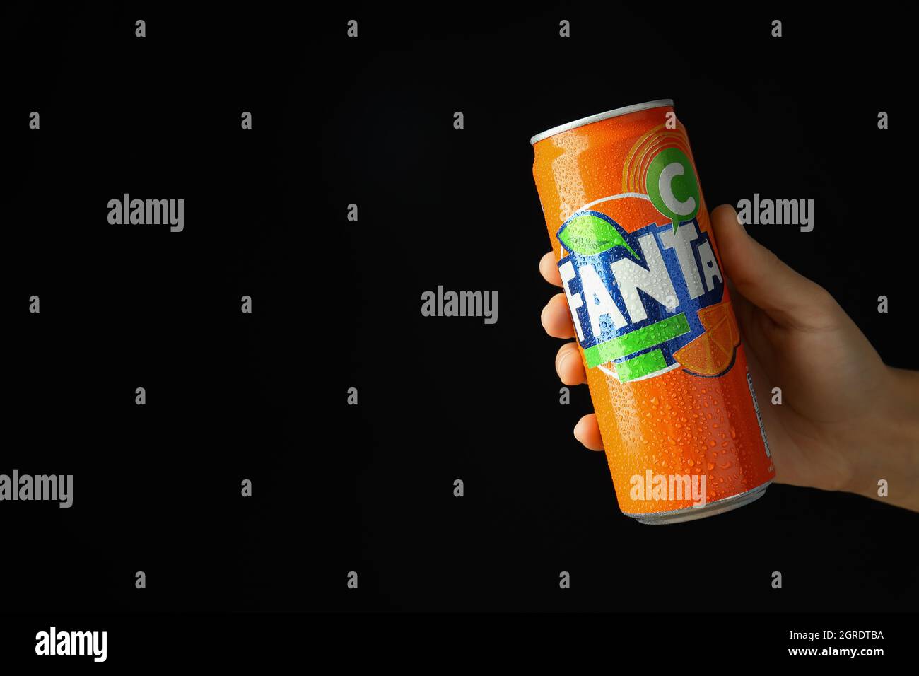 Odessa, Ukraine - September 23, 2021: Female hand holds Fanta can on ...