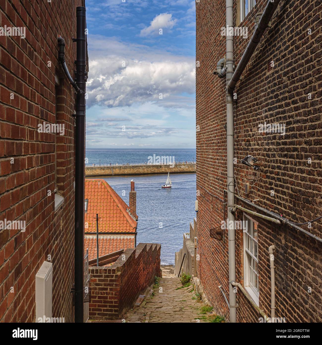 A view down a narrow alley reveals the sea to the horizon. A pier ...