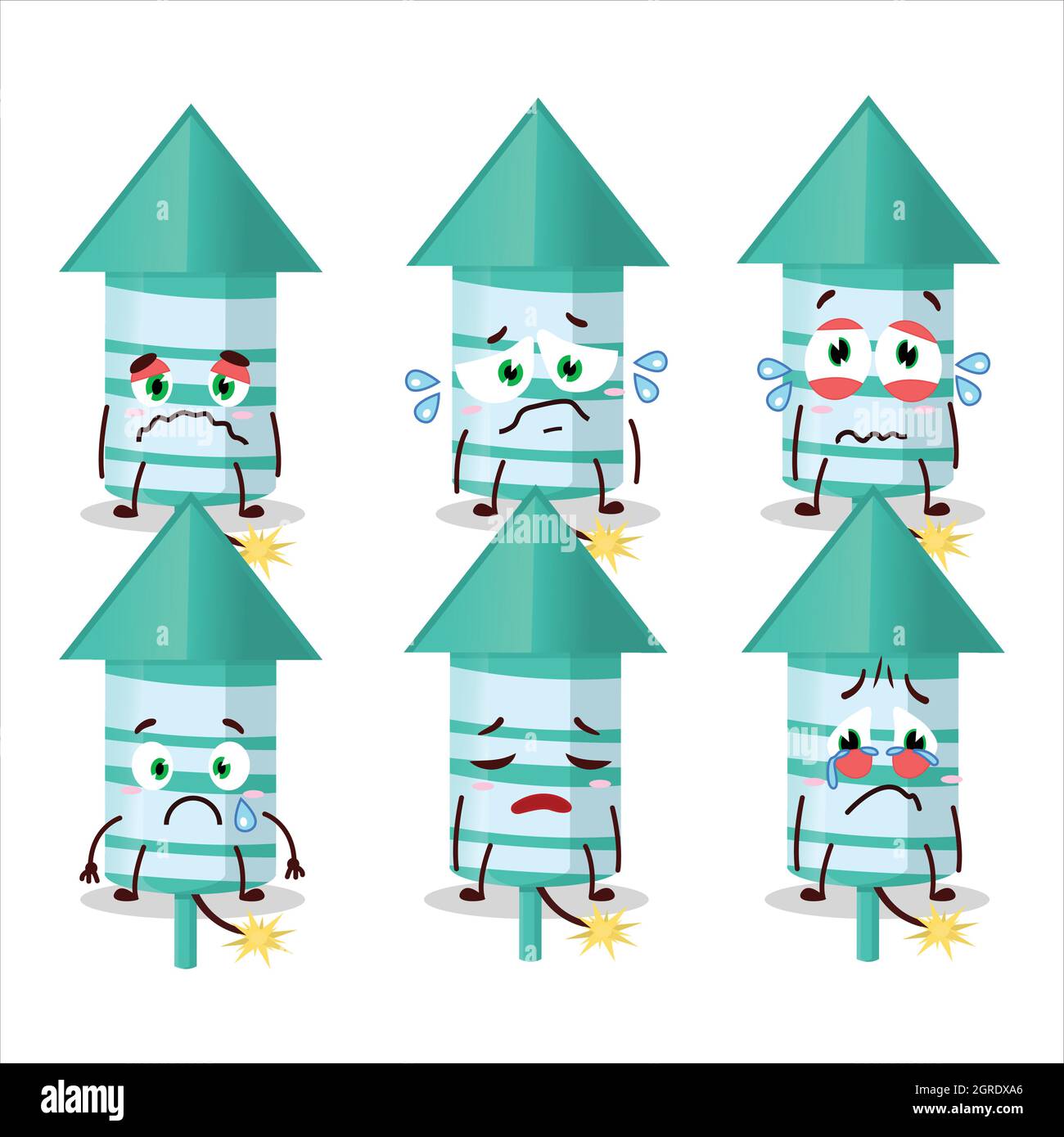 Rocket firework green cartoon character with sad expression. Vector ...
