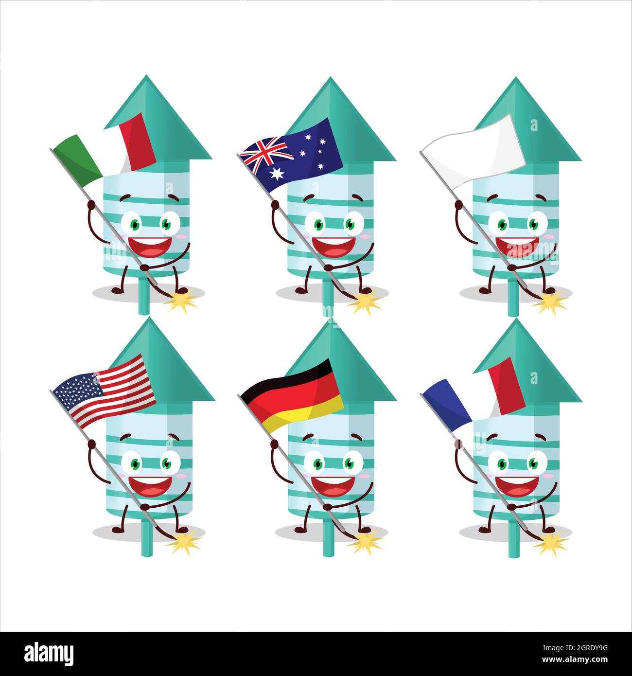 Rocket firework green cartoon character bring the flags of various ...