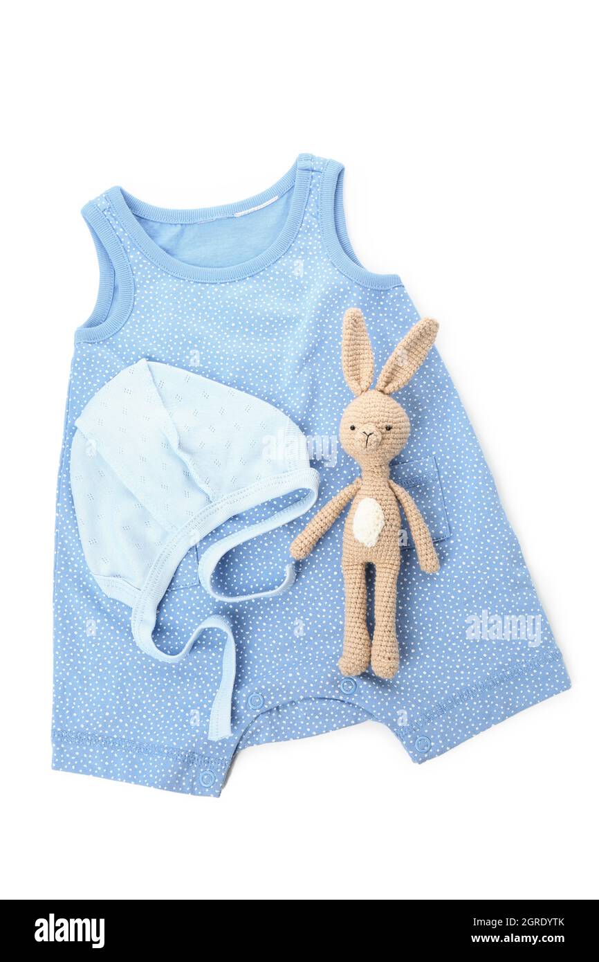 Baby clothes and toy rabbit isolated on white background Stock Photo ...