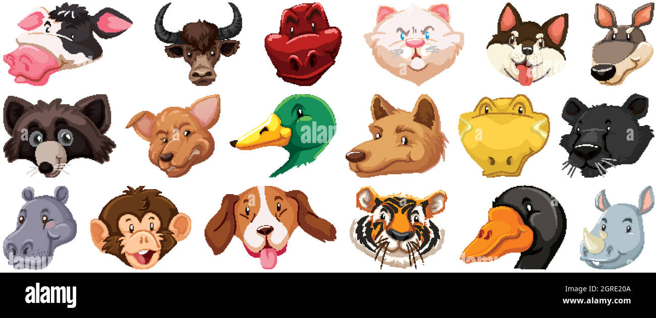 Set of different cute cartoon animals head huge isolated on white ...