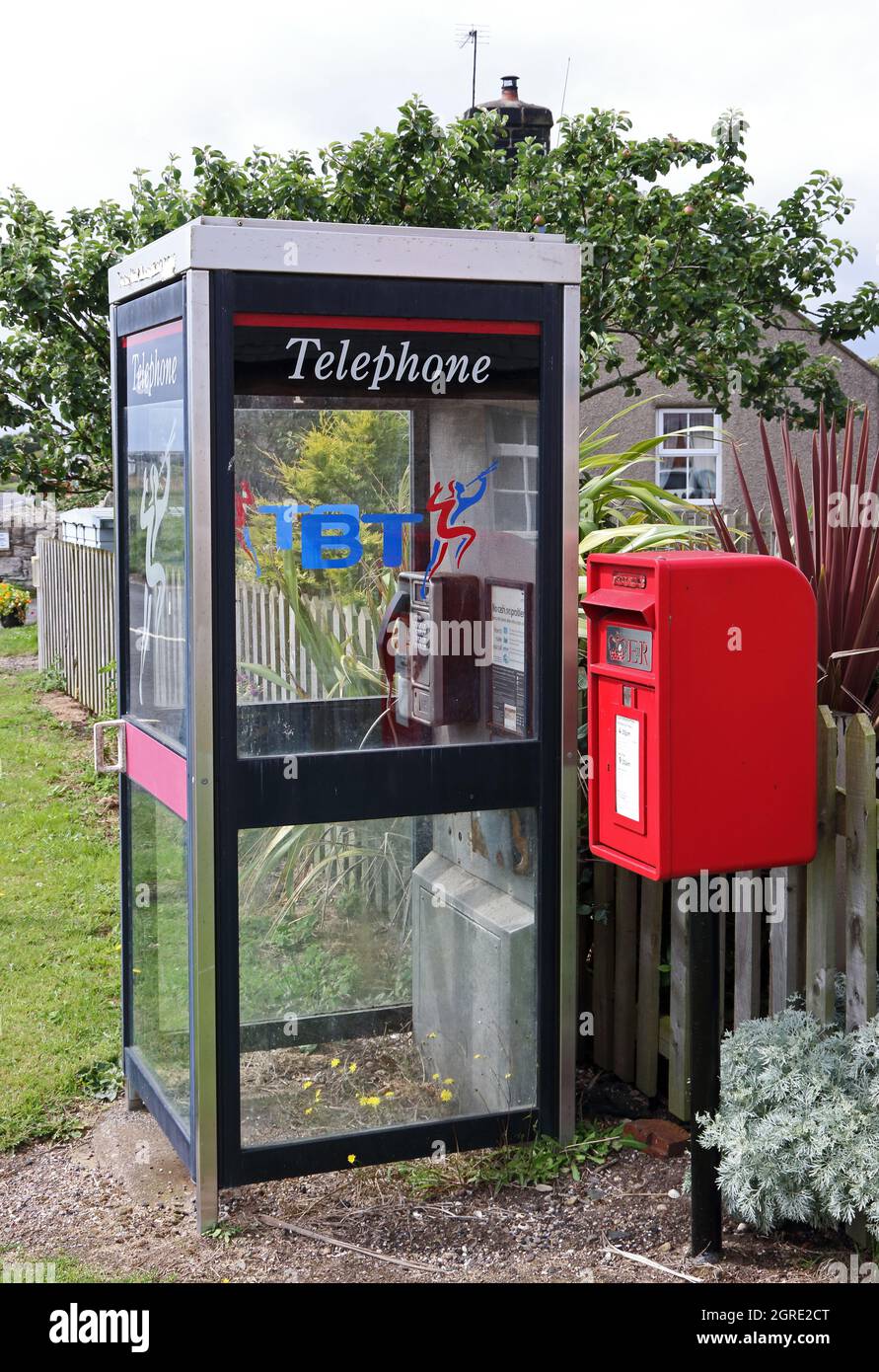 Operational BT phone box next to red post box, Boulmer Stock Photo - Alamy