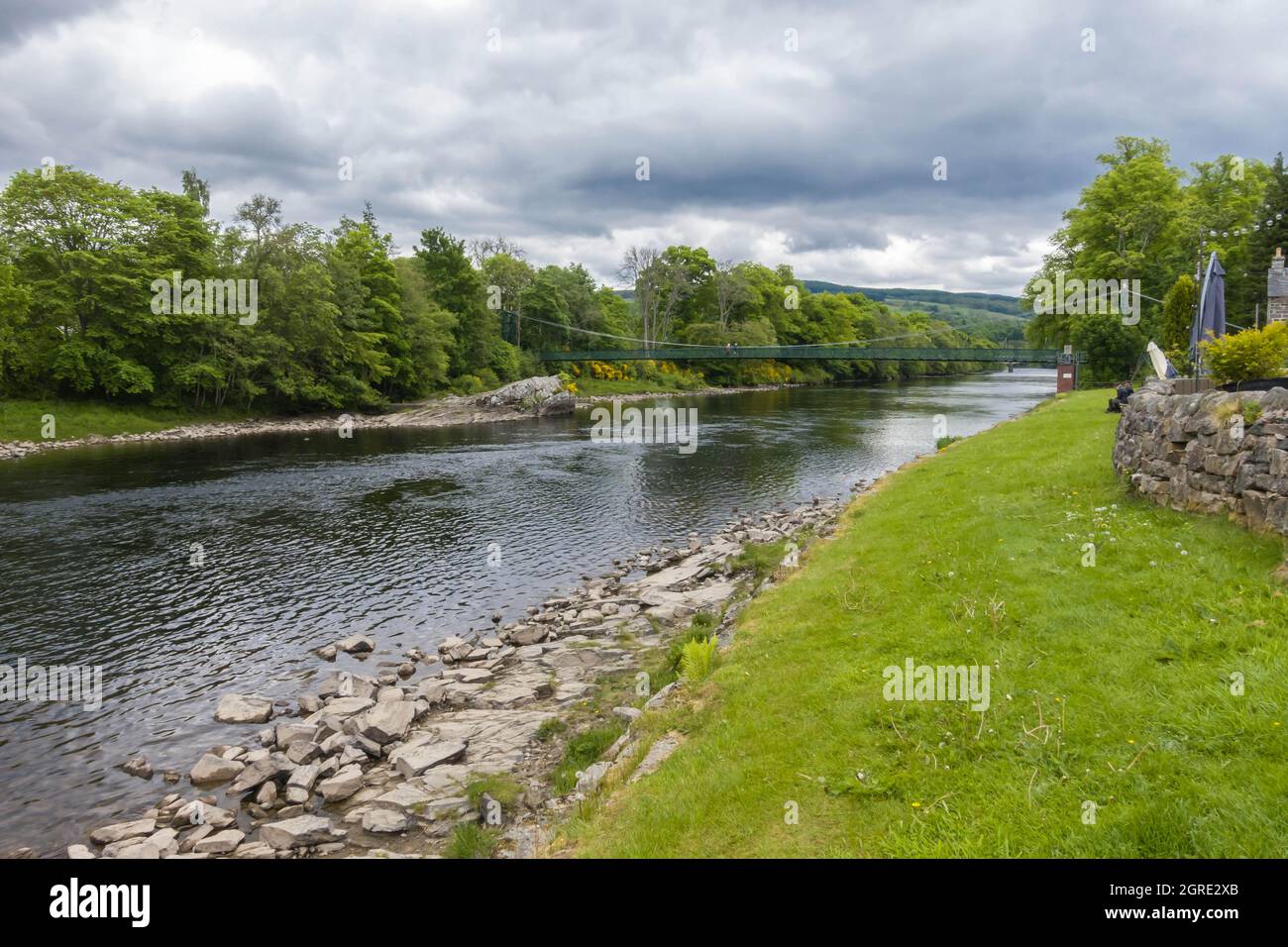 Suspension bridge crossing the river Tummel and connecting Pitlochry ...