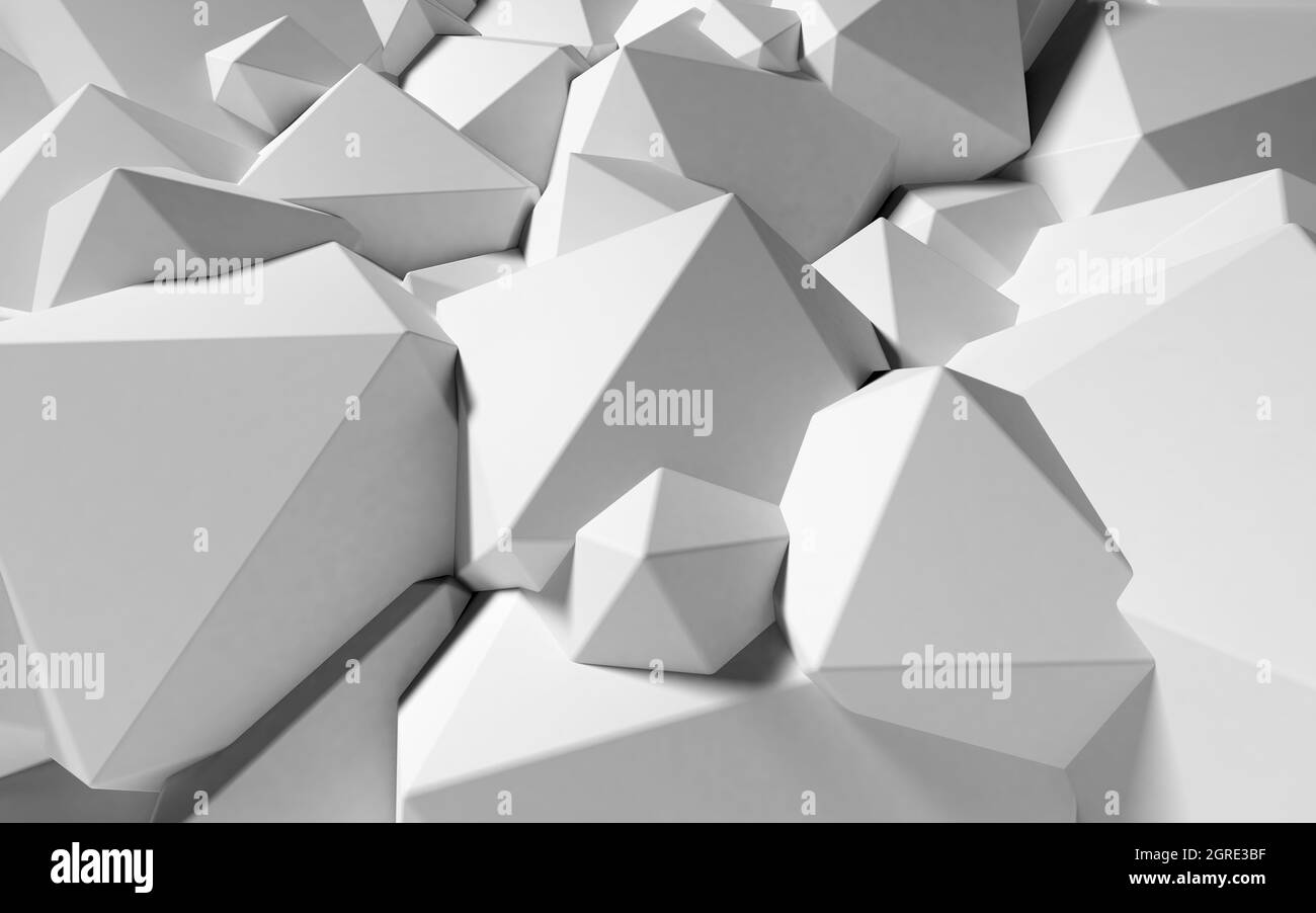 Abstract background with white 3D shapes flying in the light as a messy ...
