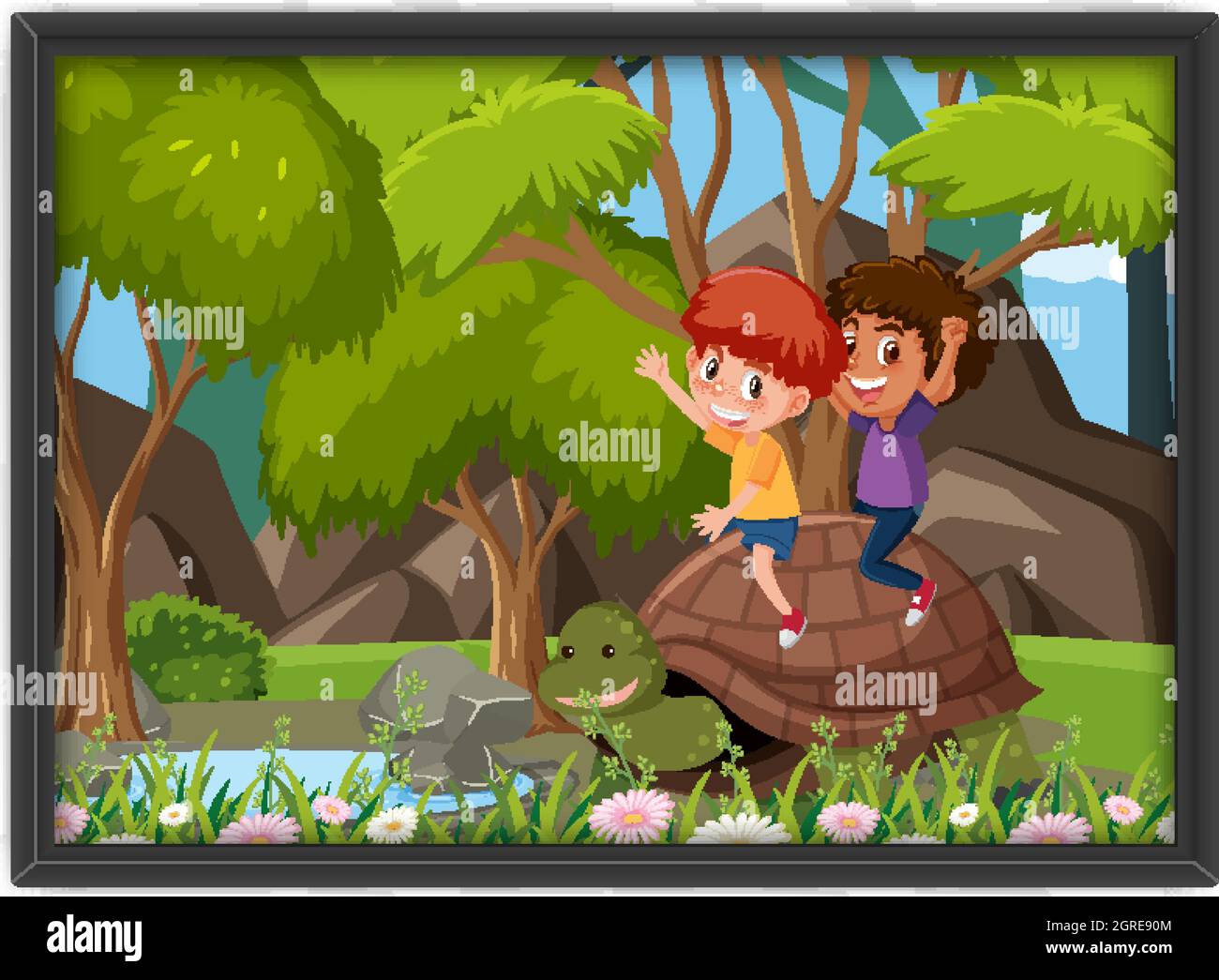 Happy kids playing with big turtle photo in a frame illustration Stock ...