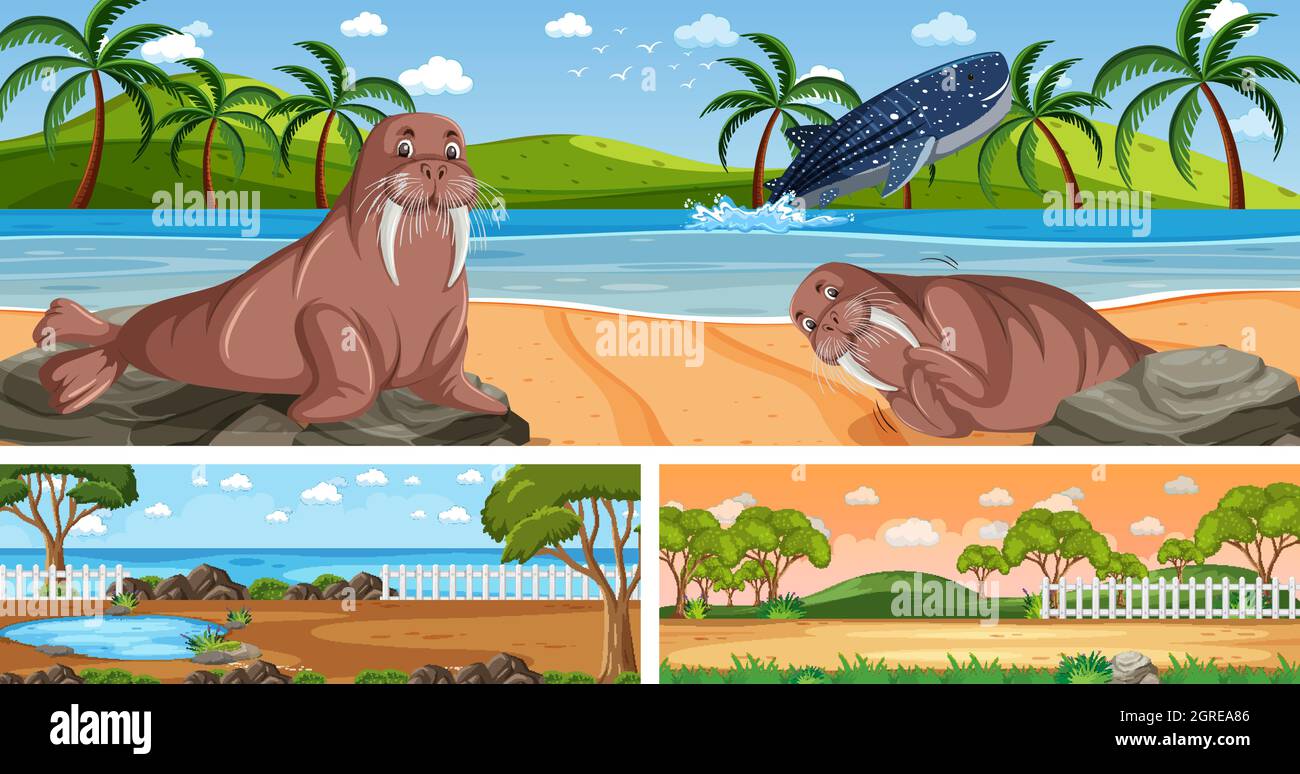 Set of outdoor panoramic landscape with cartoon character illustration ...