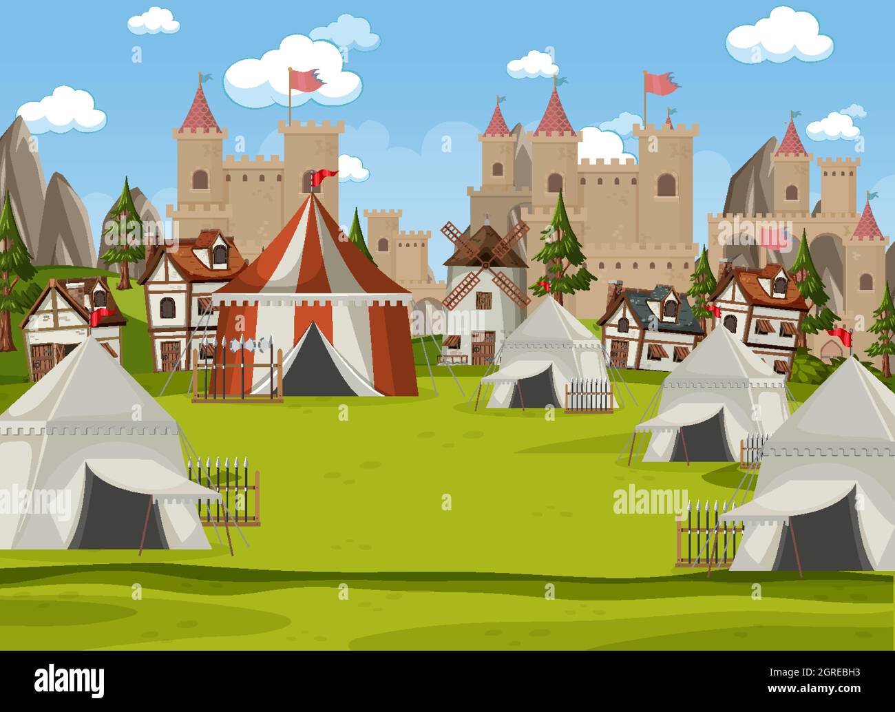 Military medieval camp with tents and weapons illustration Stock Vector ...