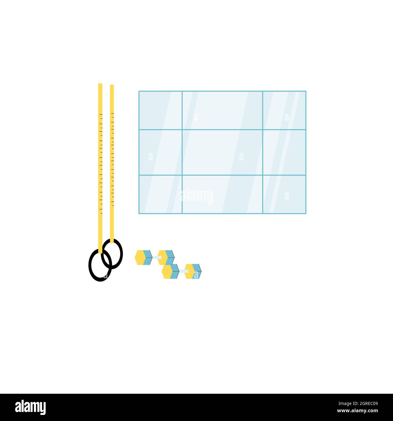 Flat cartoon gymnastics rings and dumbbells near window,healthy ...