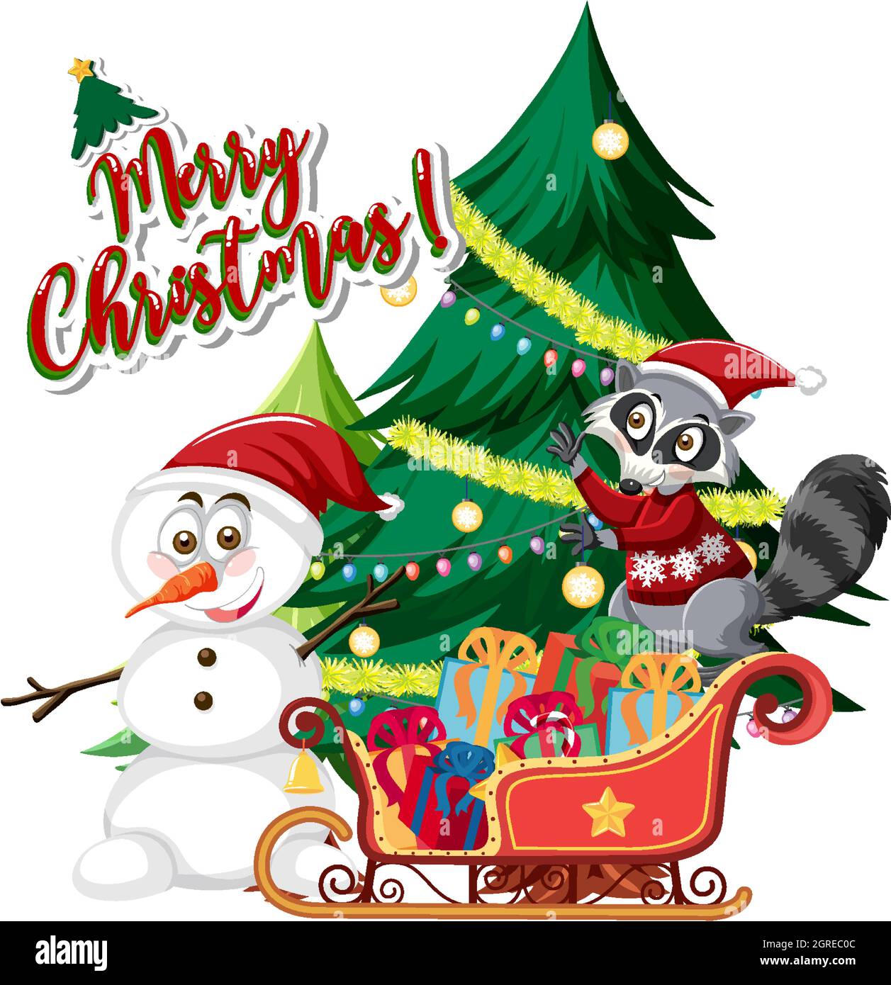 Merry Christmas text logo with Christmas and decorations illustration ...