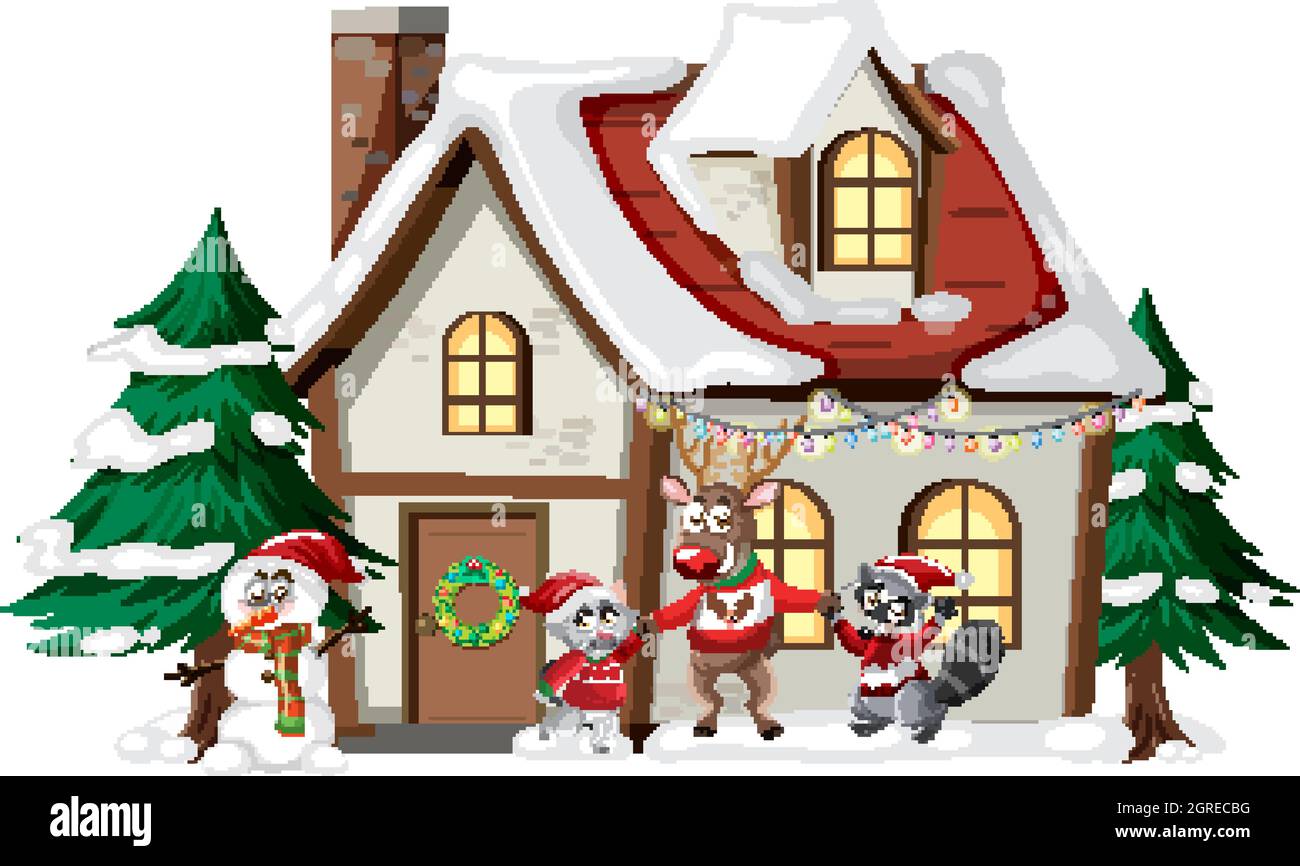 Christmas house with animals cartoon characters illustration Stock ...