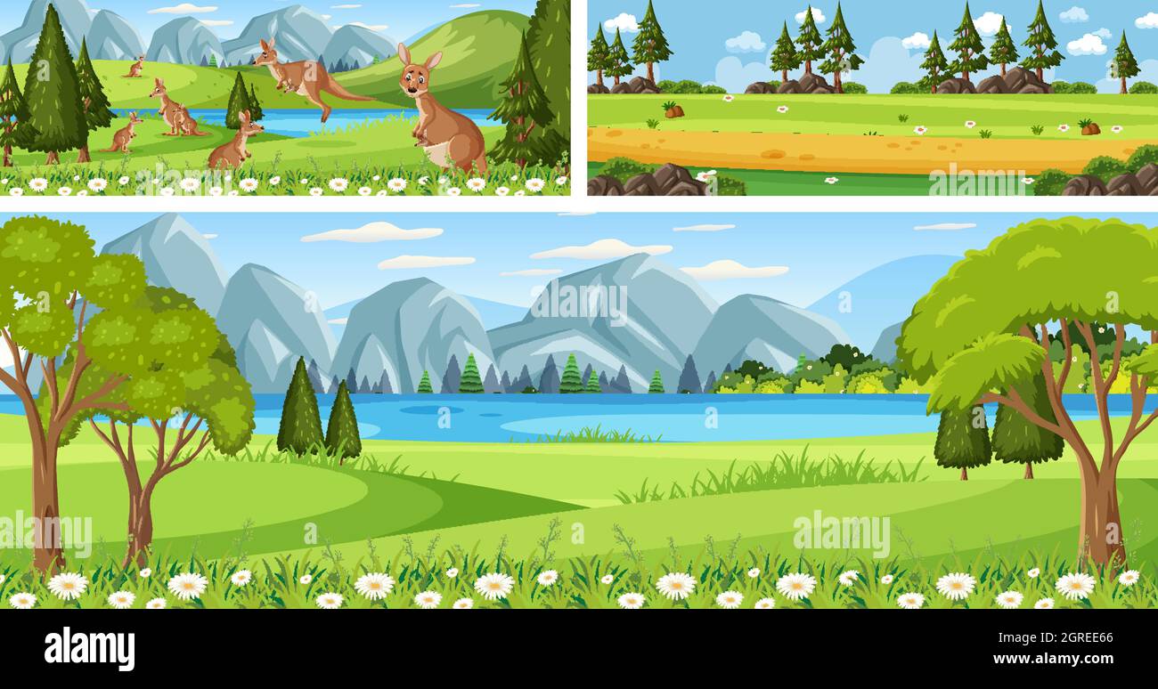 Set of different outdoor panoramic landscape scenes with cartoon ...