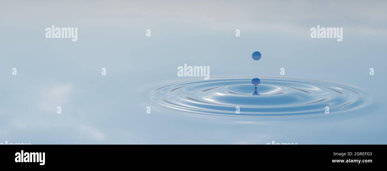 Concept conceptual blue liquid drop falling in water on banner ...