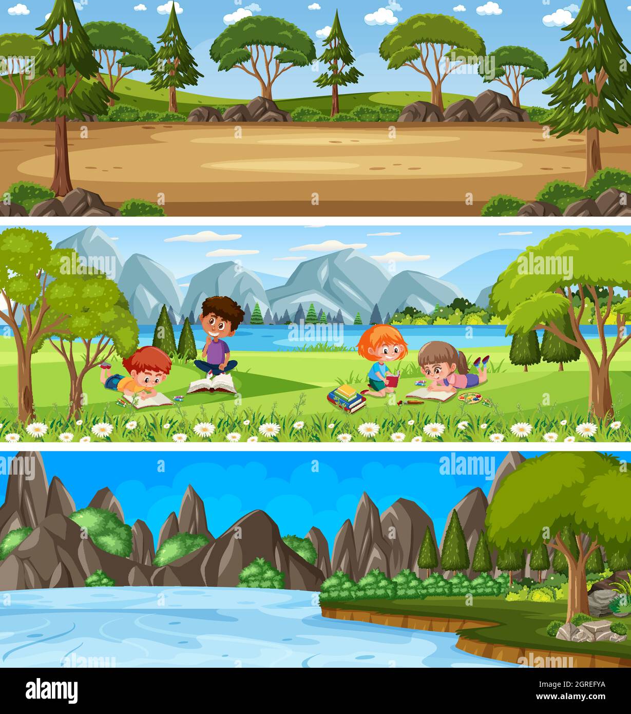 Different nature landscape scene set with cartoon character ...