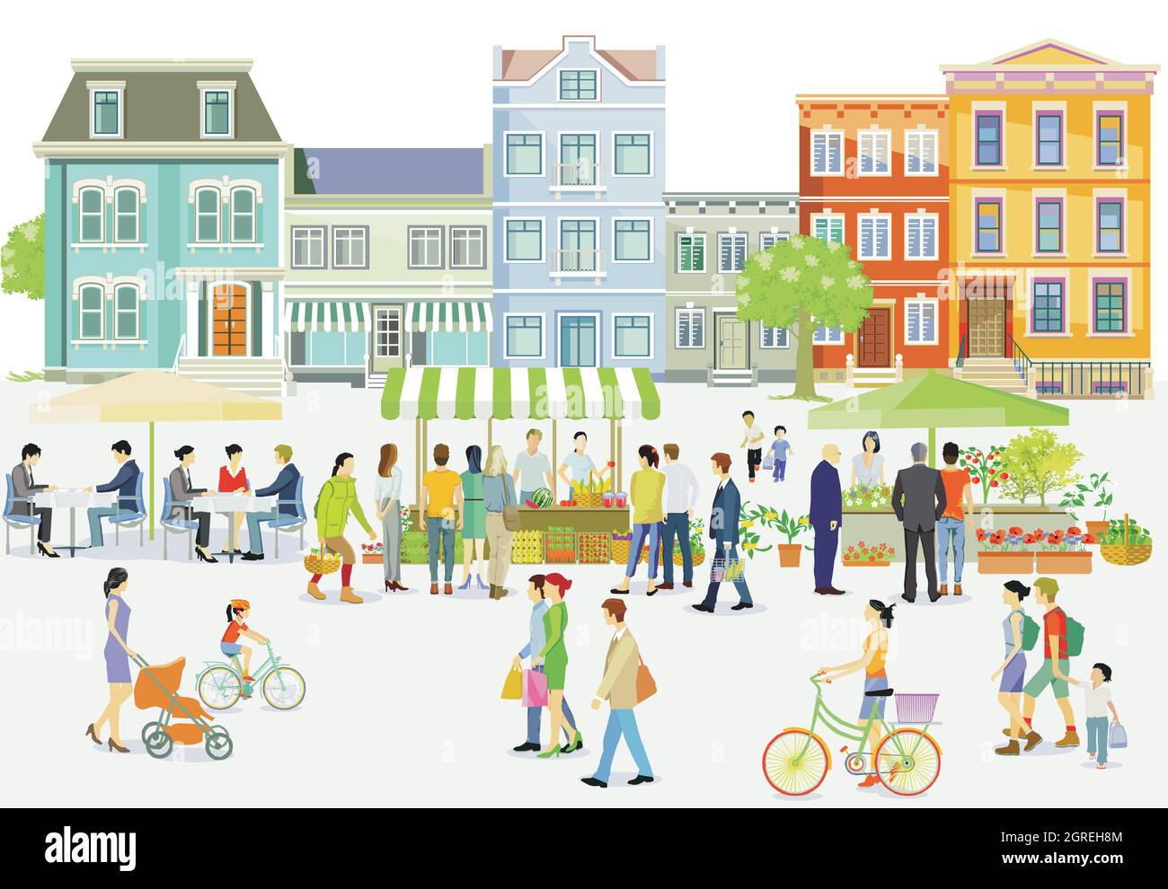 Weekly market in a shopping street, city life, illustration Stock ...