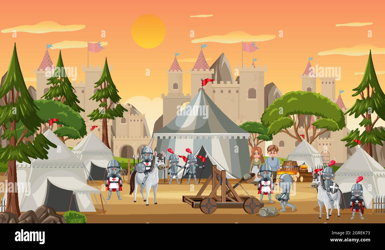 Military medieval camp with tents and warriors illustration Stock ...
