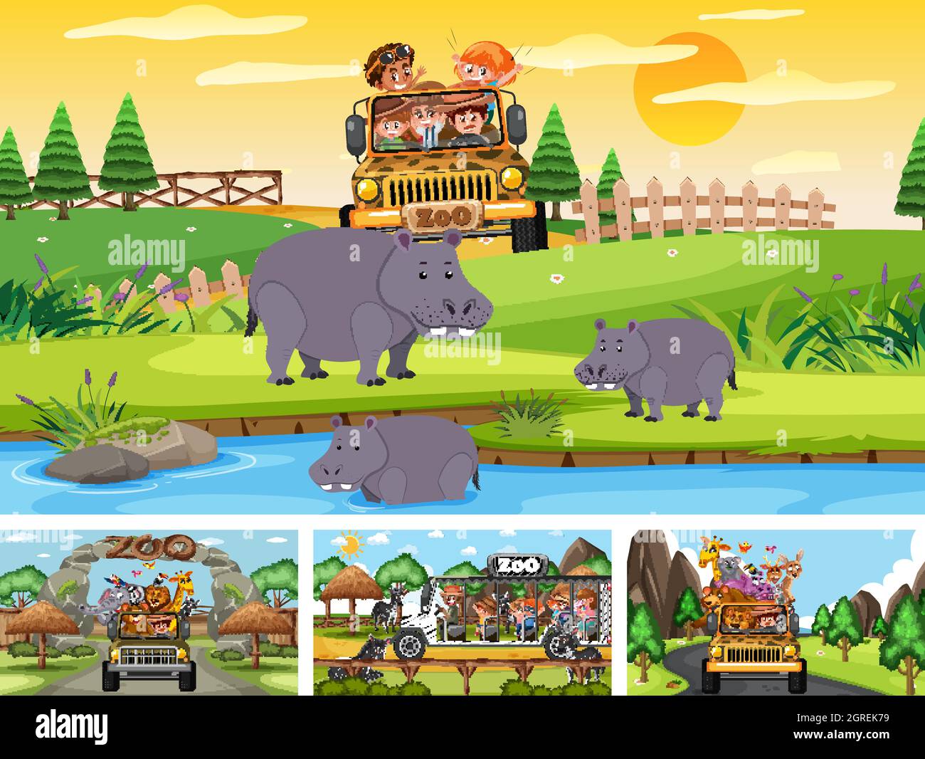 Set of different scenes with pirate ship at the sea and animals in the ...