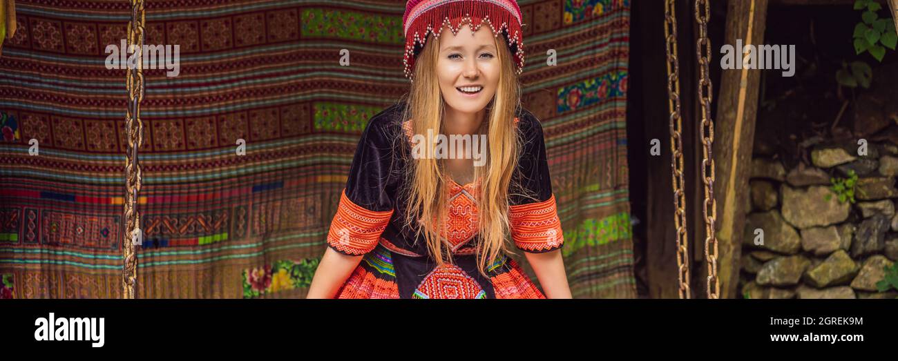 BANNER, LONG FORMAT female tourist dressed in the traditional dress of ...