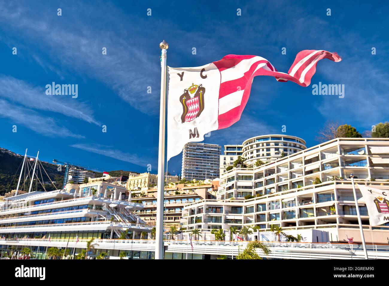 Monte Carlo, Monaco, January 15 2019: Yacht Club de Monaco flag and ...