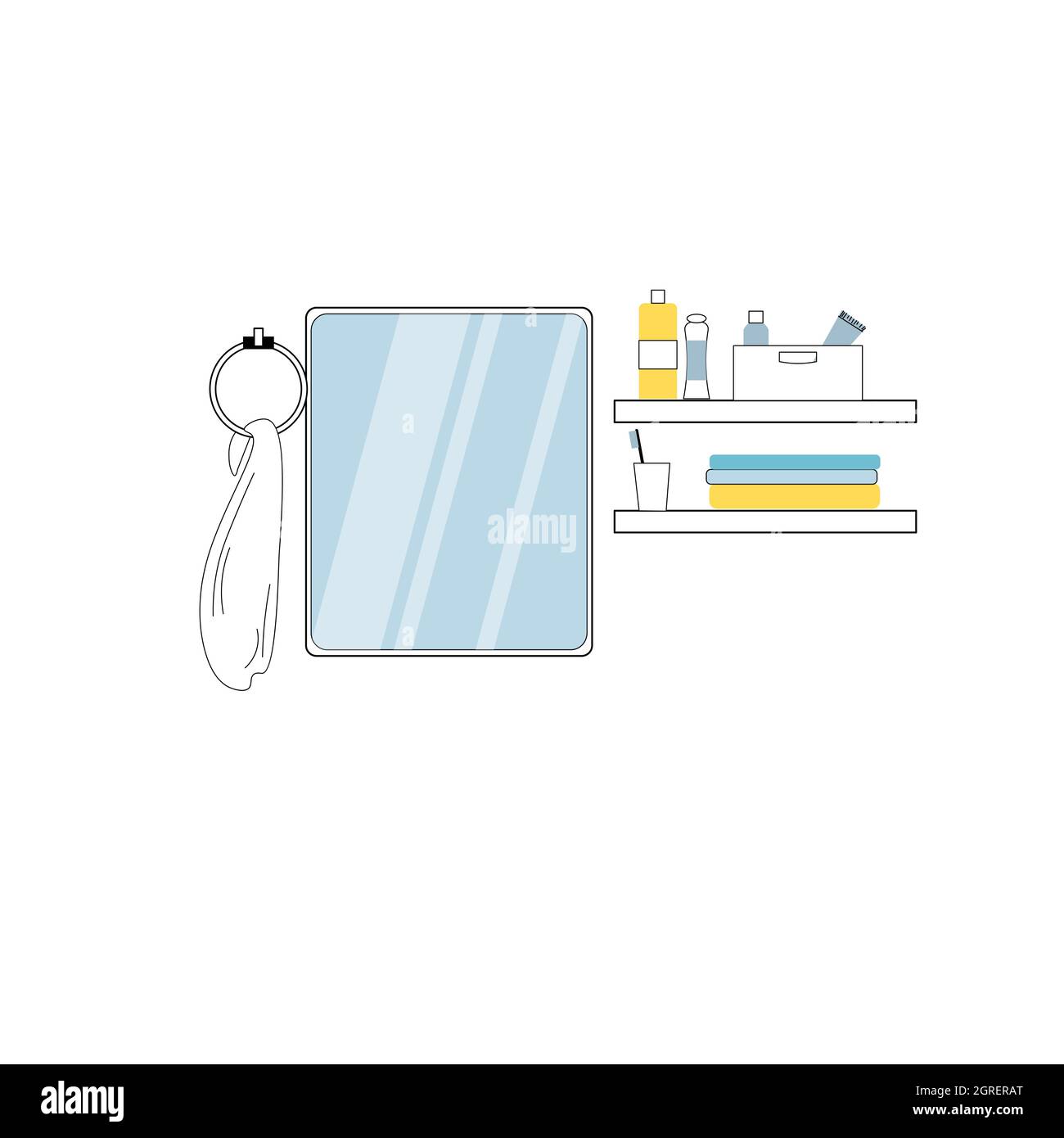 Flat cartoon bathroom mirror,towel,shelves with personal hygiene items ...