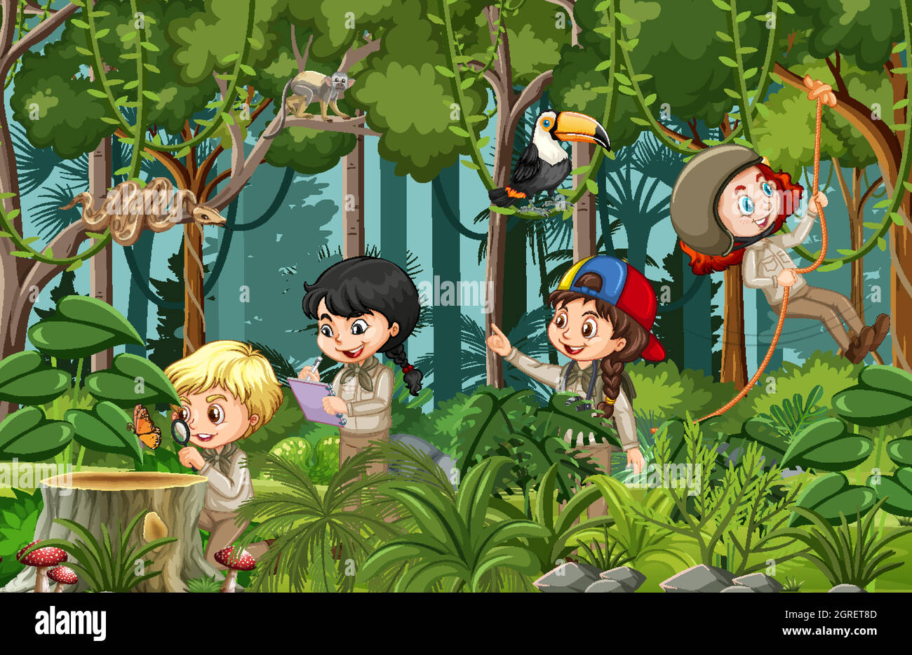 Forest scene with many children doing different activities Stock Vector ...