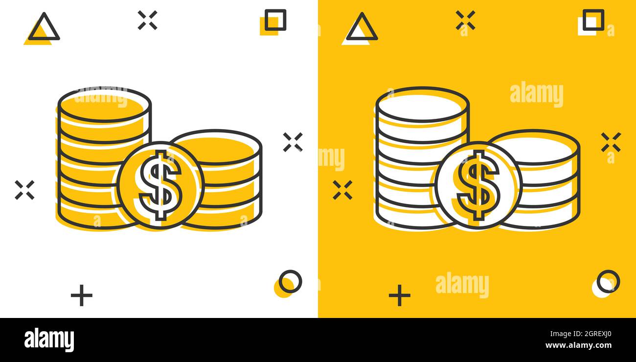 Coins stack icon in comic style. Dollar coin cartoon vector ...