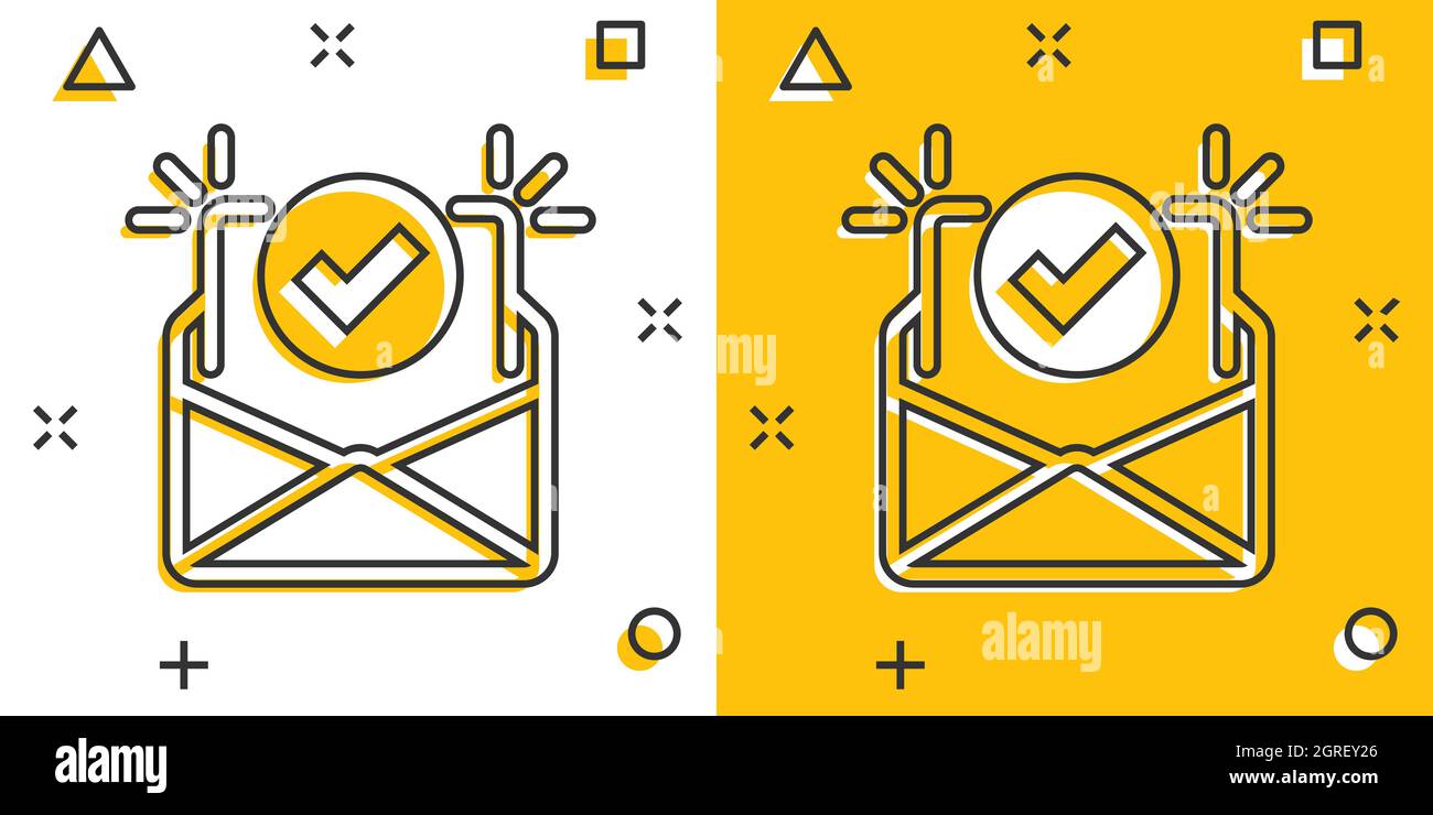 Envelope with confirmed document icon in comic style. Verify cartoon ...