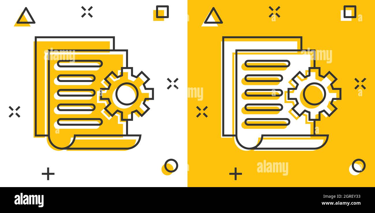 Document with gear icon in comic style. Big data processing cartoon ...