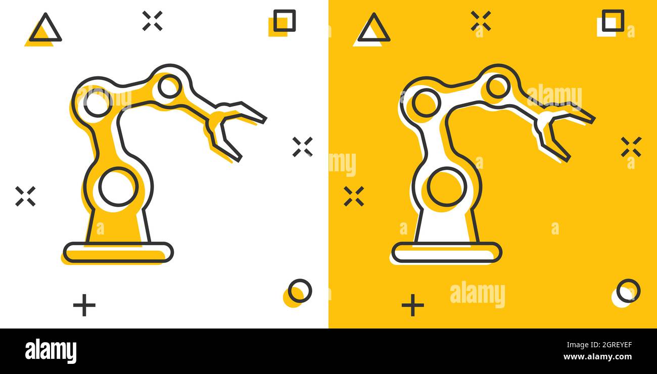Robot arm icon in comic style. Mechanic manipulator cartoon vector ...