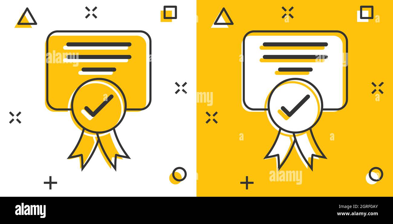 Approve certificate icon in comic style. Document check mark cartoon ...