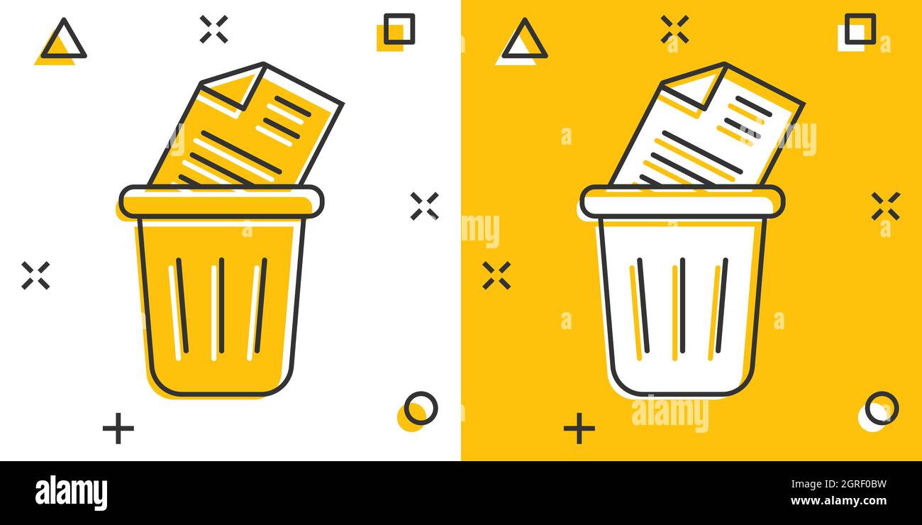 Trash bin with document icon in comic style. Paper recycle cartoon ...