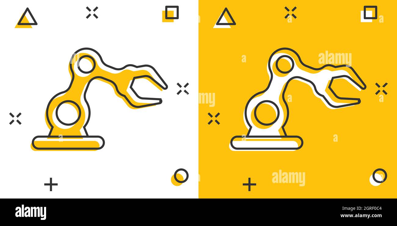 Robot arm icon in comic style. Mechanic manipulator cartoon vector ...