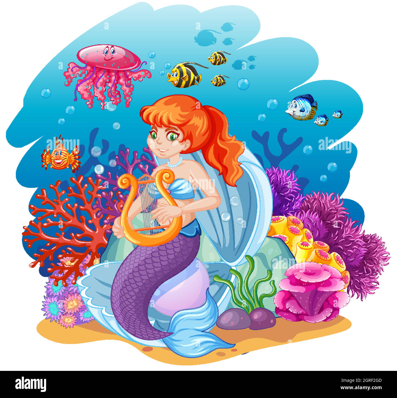Set of mermaid and sea animals cartoon style on under sea background ...