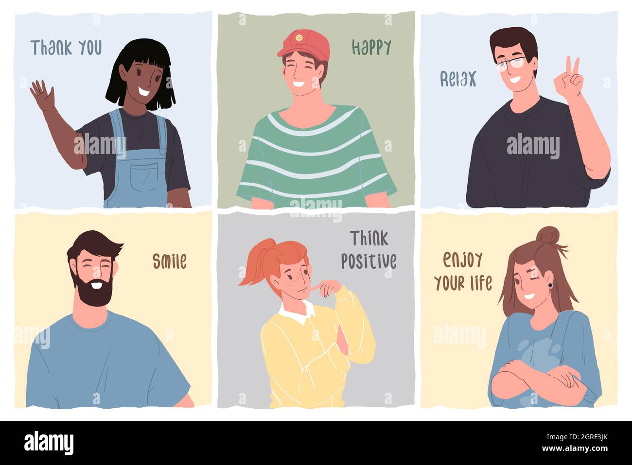 Flat cartoon happy characters set,positive slogans vector illustration ...