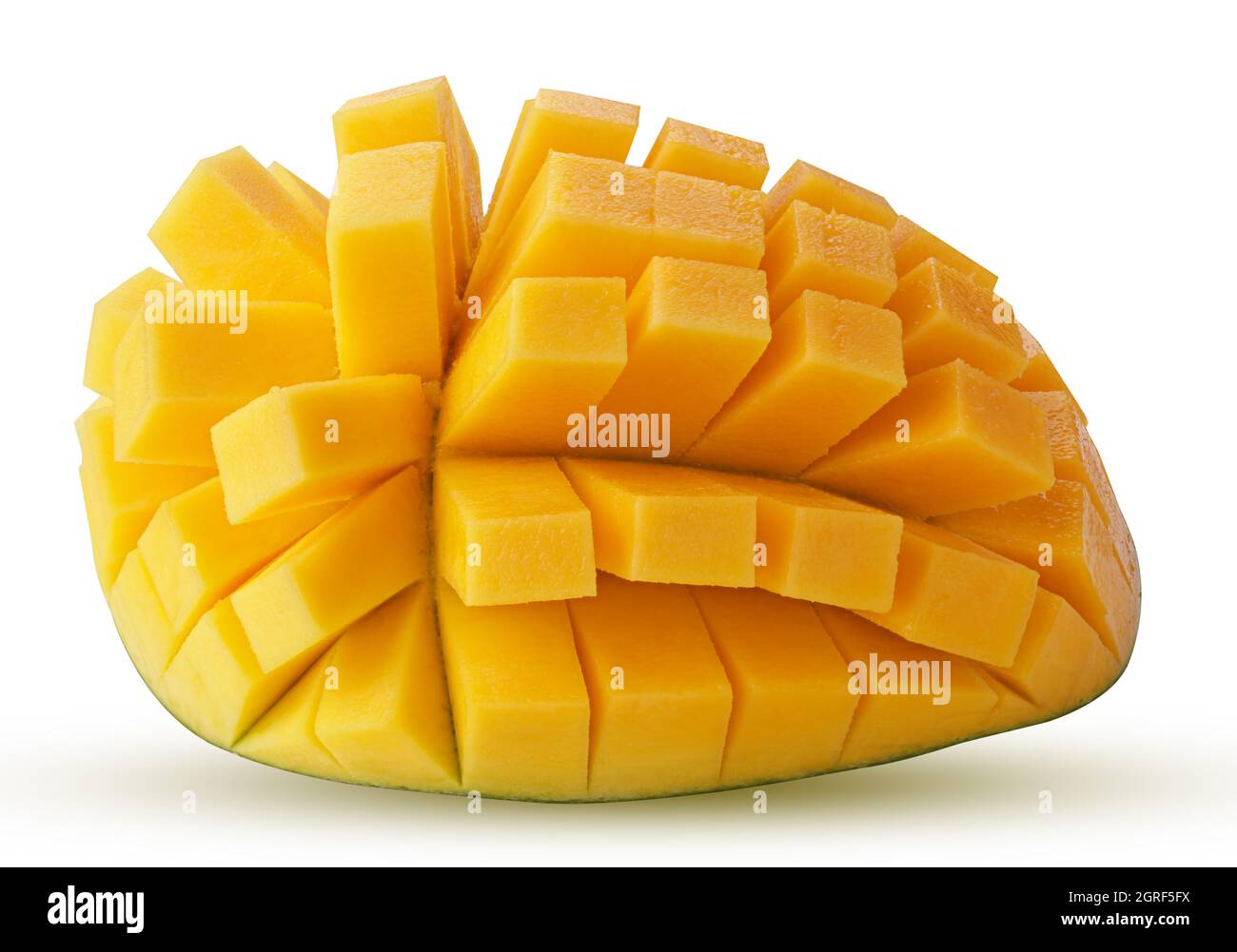 Mango exotic friut cut in half cubes isolated on white background ...