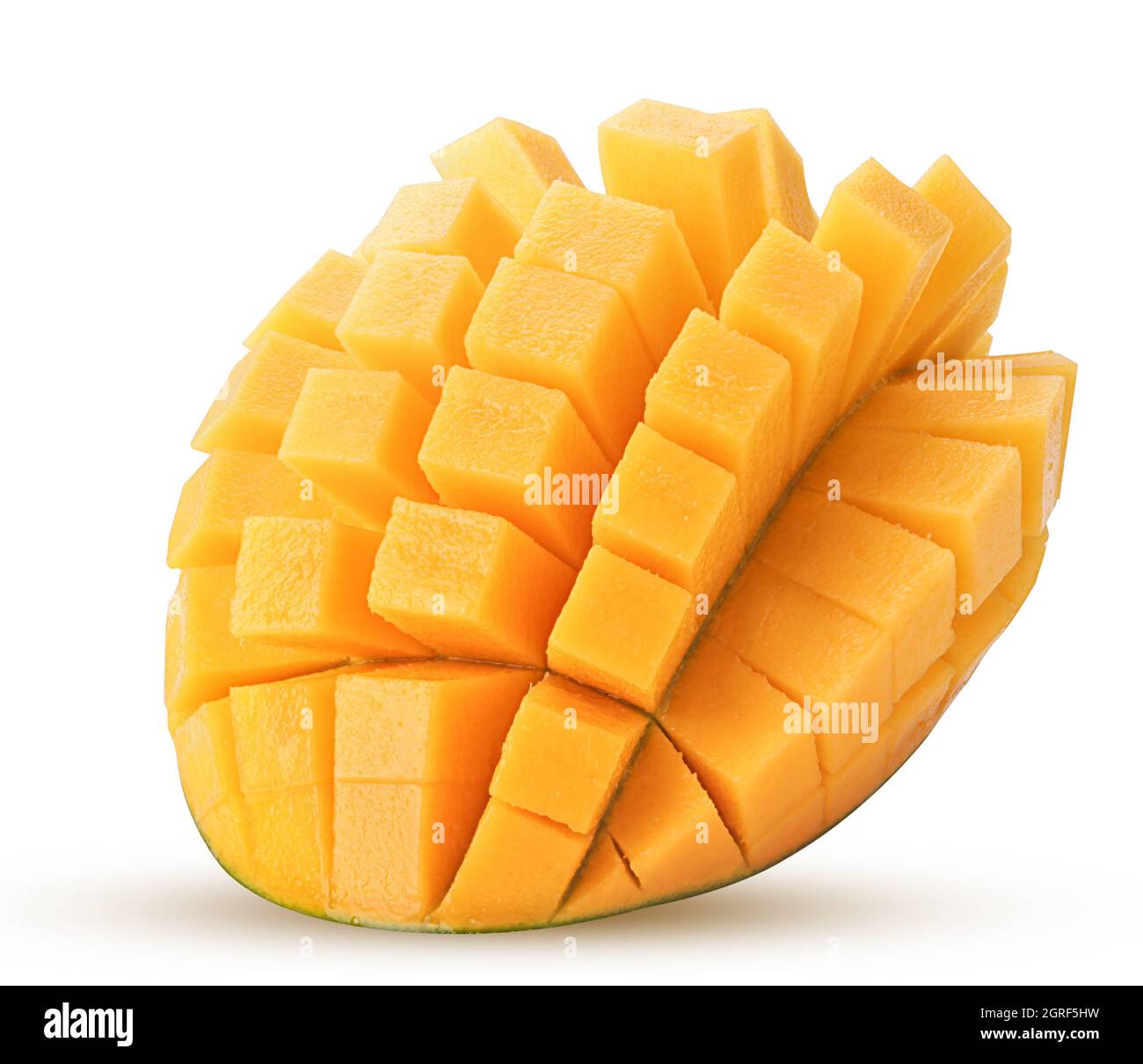 Mango exotic friut cut in half cubes isolated on white background ...