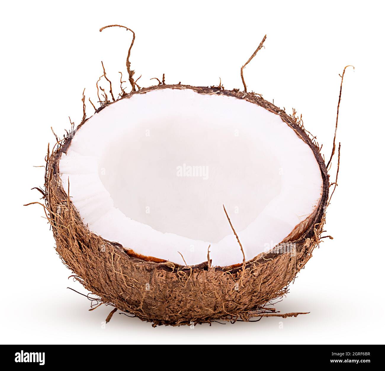 Freshly coconut in shell cut in half isolated on white background ...