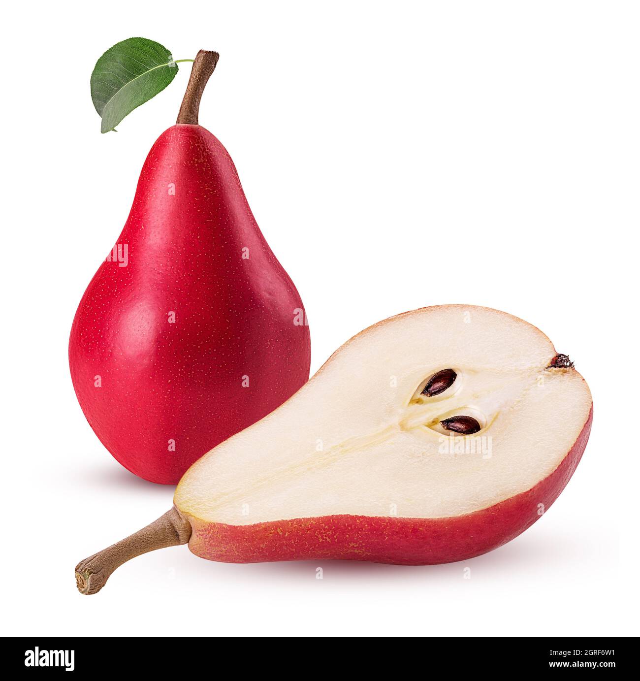 Fresh red pears and one cut in half with leaf isolated on white ...